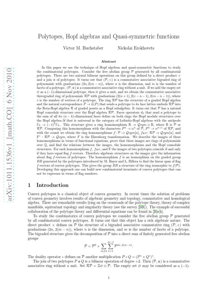 Polytopes, Hopf Algebras and Quasi-Symmetric Functions: Victor M. Buchstaber Nickolai Erokhovets ...