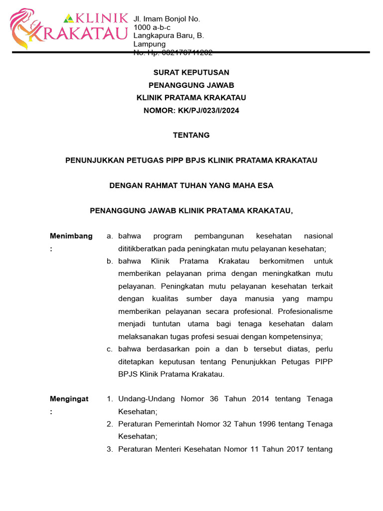 Penunjukan Petugas PIPP BPJS Klinik | PDF