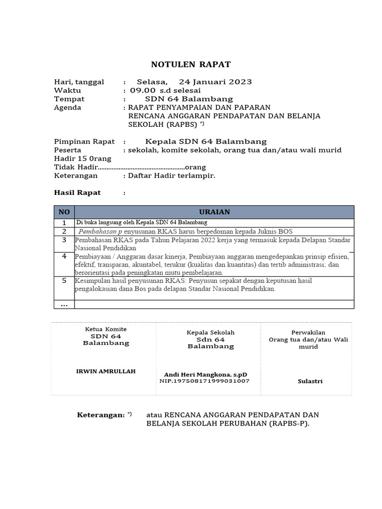 Notule Rapat Hasil Penyusuna RKAS TA. 2022 | PDF