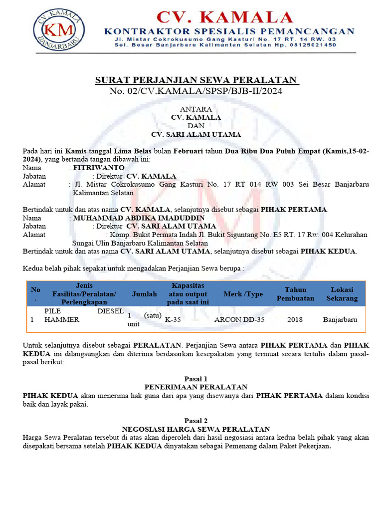 Perjanjian Sewa Peralatan CV Kamala 2024 | PDF | Hukum
