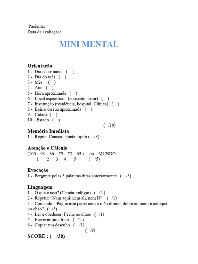 12 - Mini Mental | PDF | Bem-estar | Ciências e Matemática
