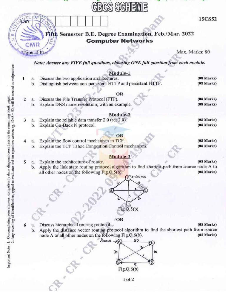 15CS52 CN Feb-Mar 2022 SEE Question Paper | PDF