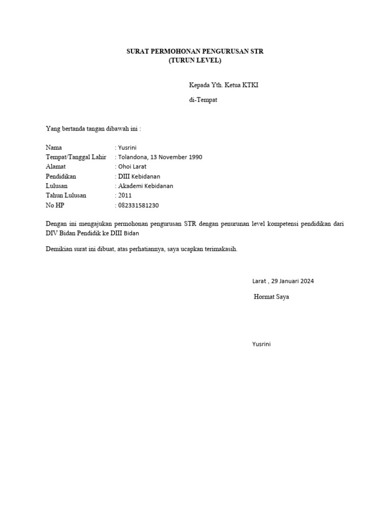 Salinan Contoh Surat Permohonan STR Turun Level | PDF