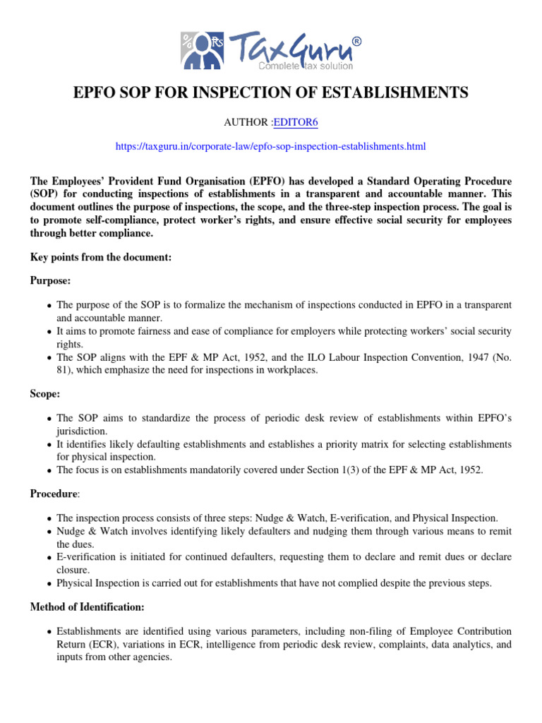 EPFO SOP For Inspection of Establishments - Taxguru - in | PDF | Regulatory Compliance