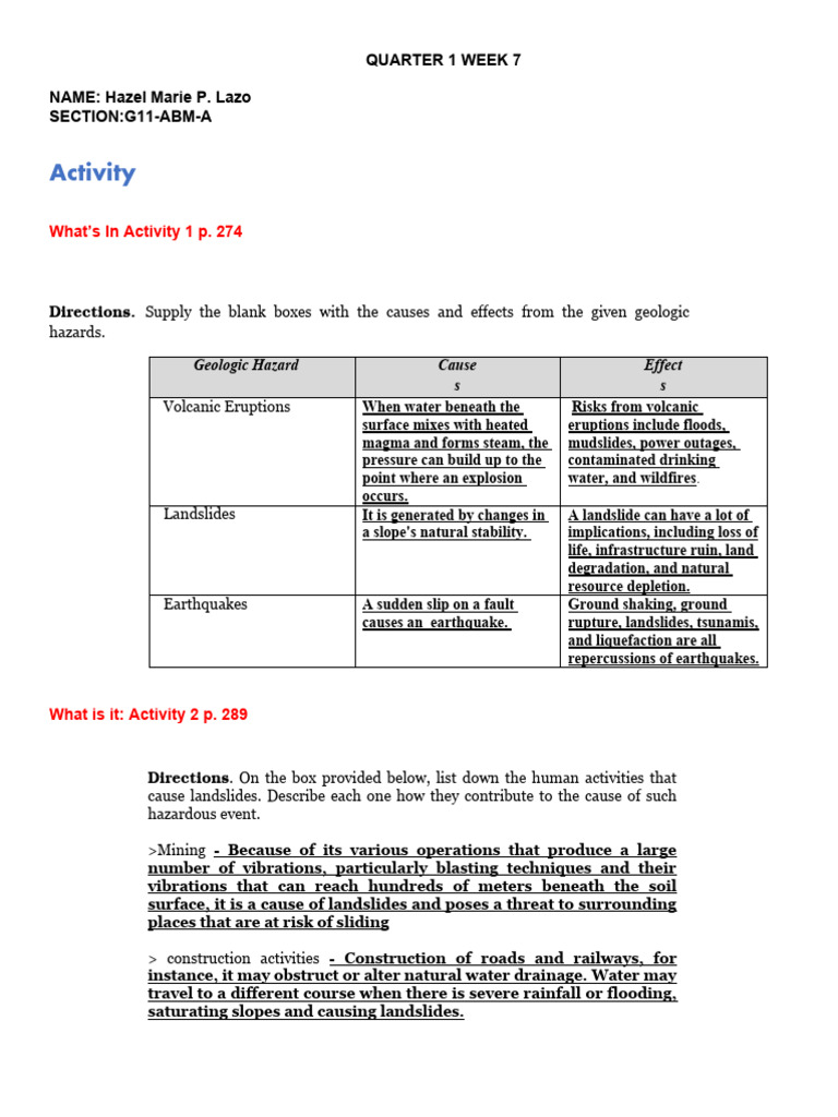 Hazel Marie Lazo - Q1 Week 7 | PDF | Landslide | Earthquakes