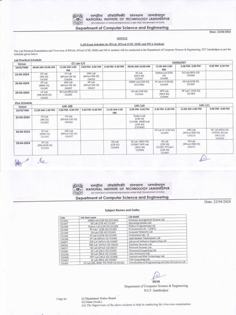 End Sem Lab Exam Schedule BTech MTech MCA | PDF