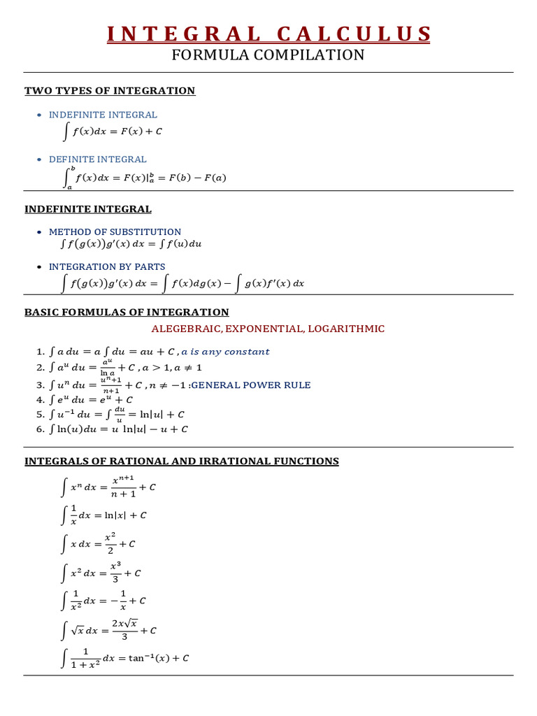 Integral Calculus: Formula Compilation | PDF