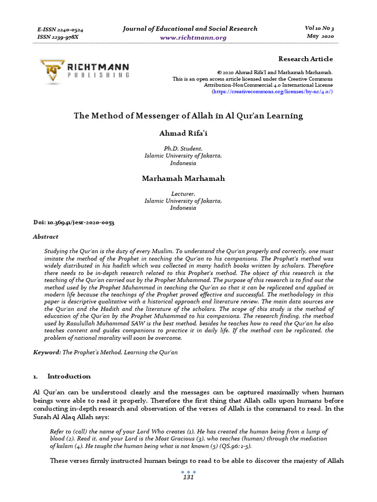 The Method of Messenger of Allah in Al Qur'an Learning: Ahmad Rifa'i | PDF | Quran | Islam