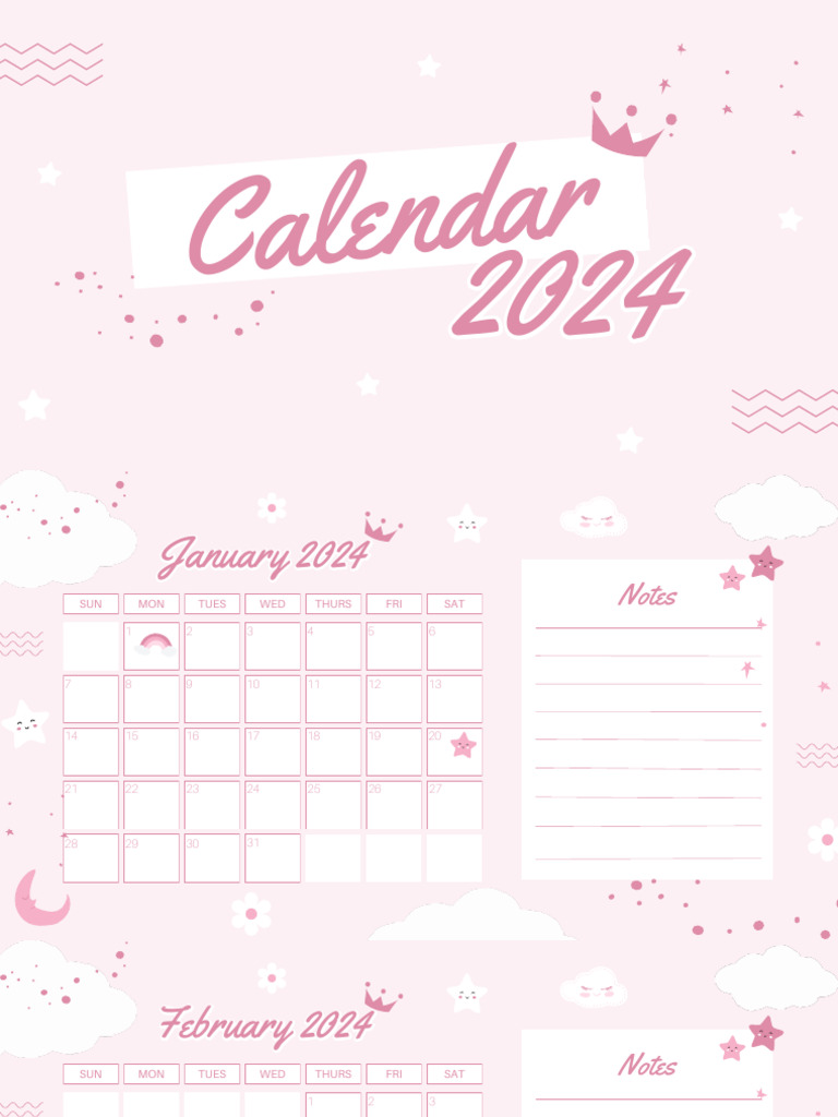 Pink and White Cute Feminine Illustrated 2024 Monthly Calendar | PDF