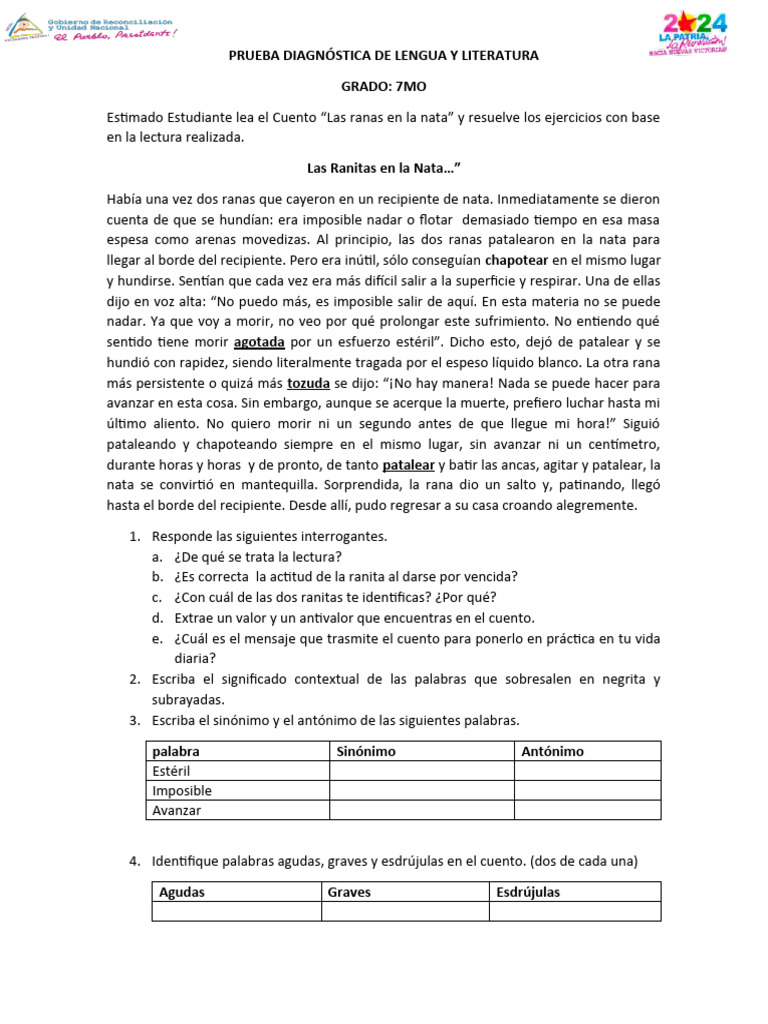 Prueba Diagnóstica de Lengua y Literatura 7mo | PDF