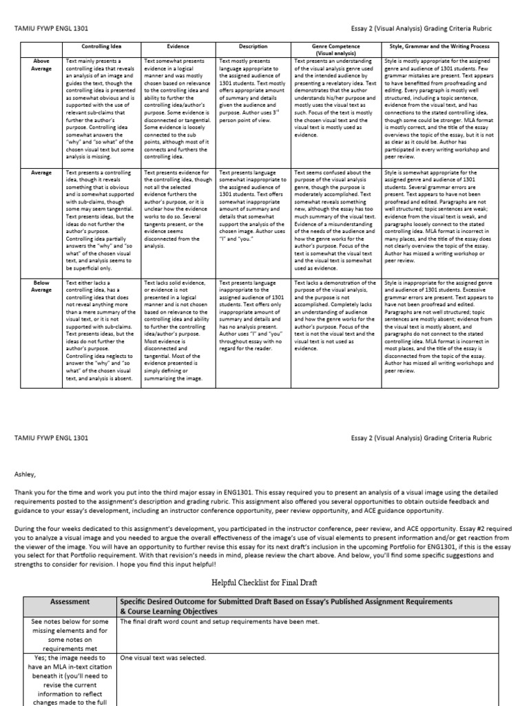 Ashley Essay 2 Rubric Visual Analysis 1301 Assessment 1 | PDF | Essays ...