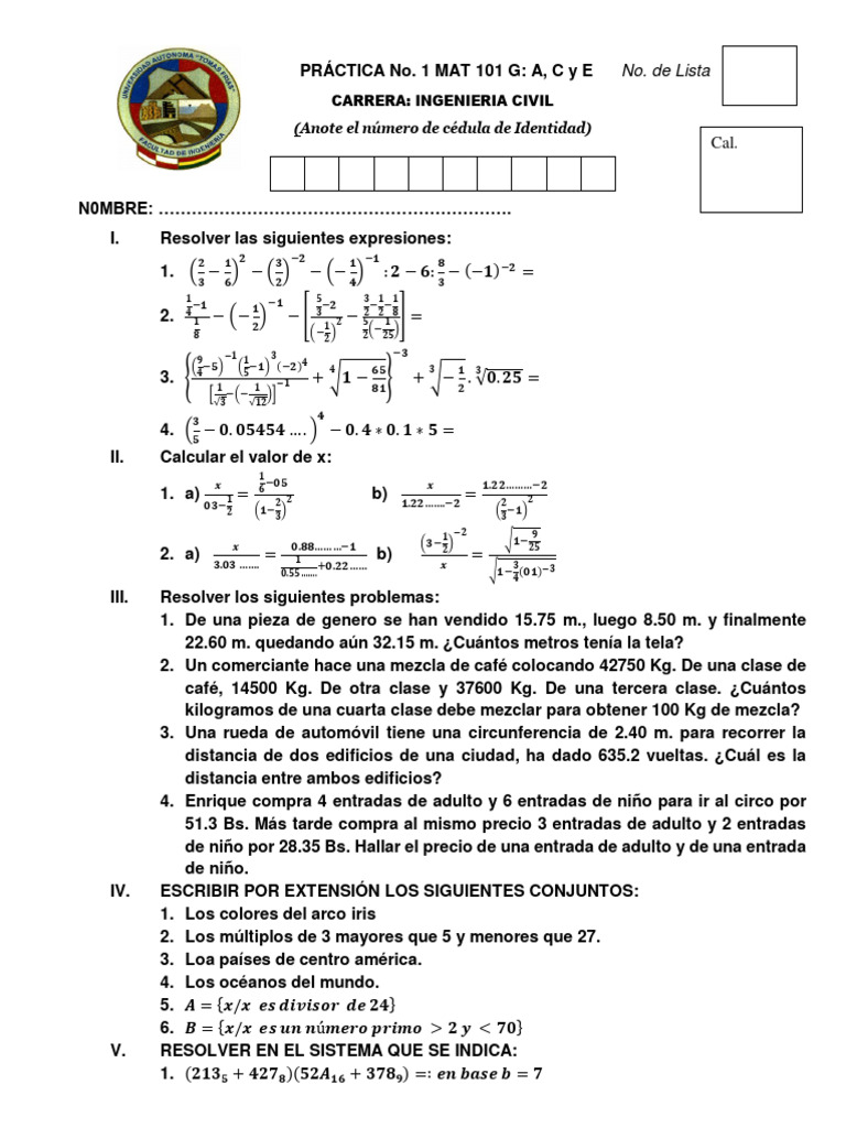 Práctica No 1 Mat 101 Prueba, Marzo 2024,Act. | PDF