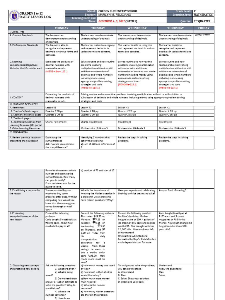 DLL Math 5 Q2 Week 5 | PDF | Learning | Mathematics