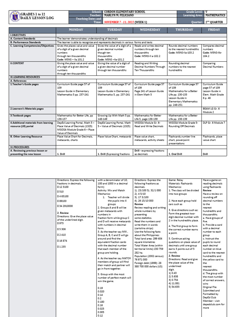 DLL Math 5 Q2 Week 1 | PDF | Numbers | Curriculum