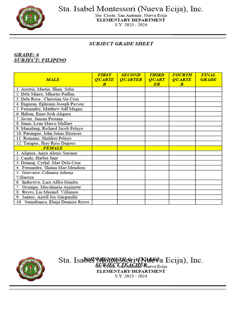 SUBJECT GRADE SHEET | PDF