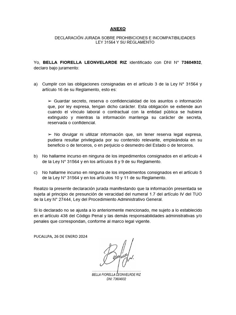 Anexo - FORMATO DE DECLARACIÓN JURADA LEY 31564 | PDF
