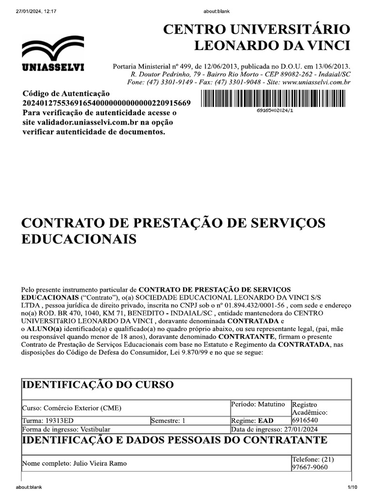 Contrato Faculdade Julio | PDF