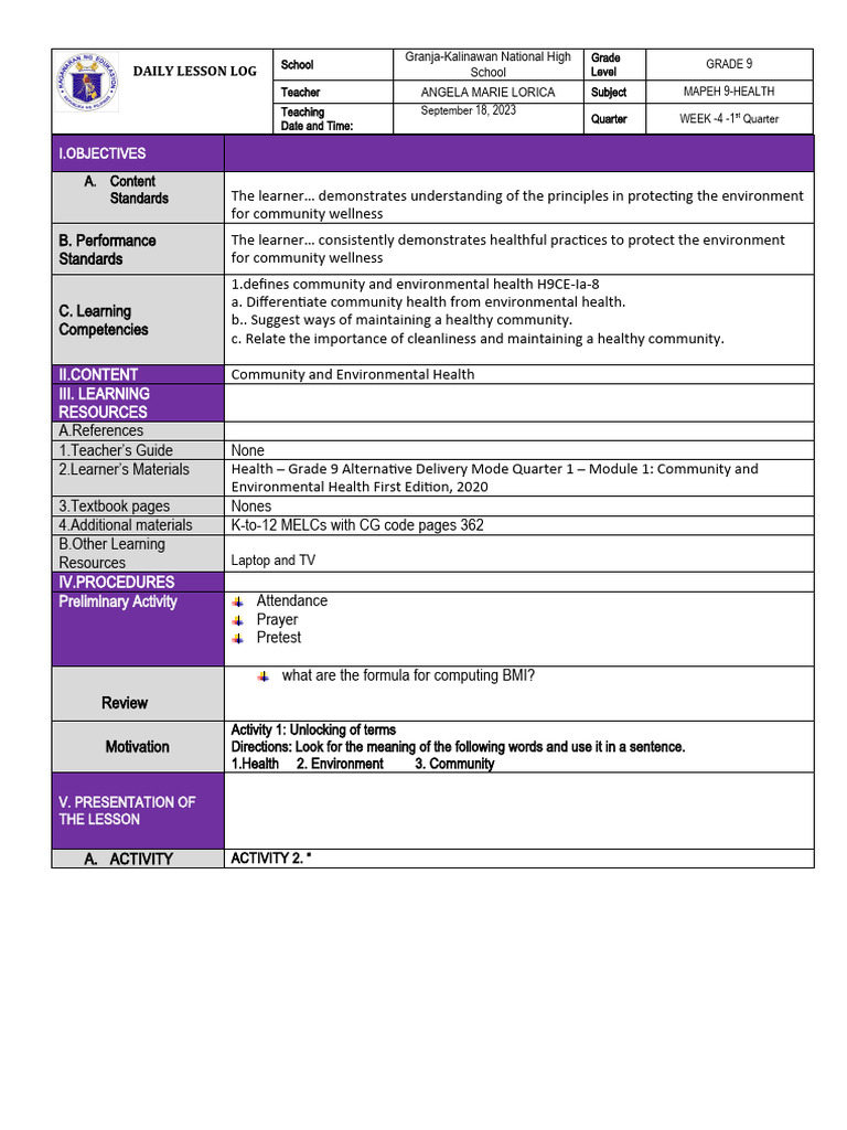 HEALTH-Q1-September 18-22, 2023 | PDF | Learning | Liberal Arts Education