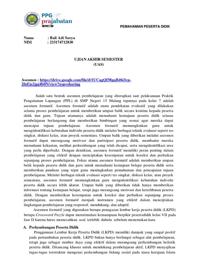 UAS - Pemahaman Peserta Didik | PDF