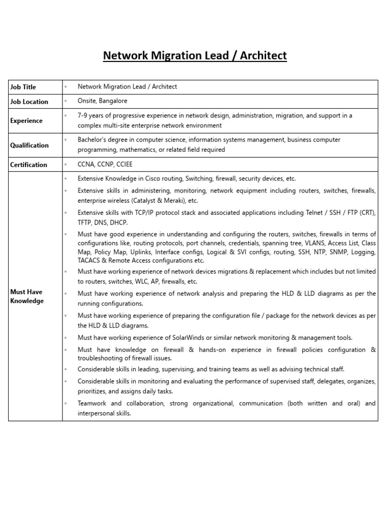 JD_Network Migration Lead v1 | PDF | Computer Network | Firewall (Computing)