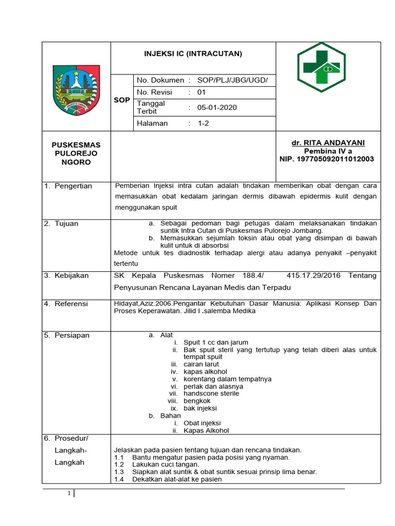 Sop Injeksi Ic (Intrakutan) | PDF