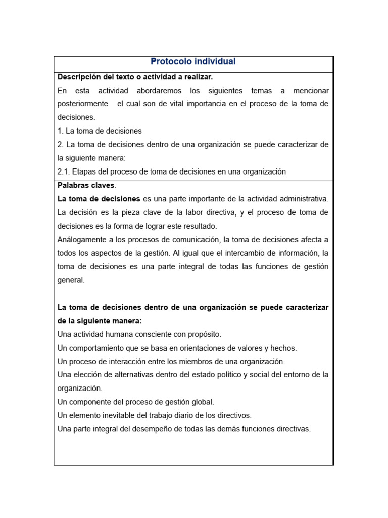 PLANTILLA PROTOCOLO INDIVIDUAL Decisiones | PDF | Toma de decisiones | Science