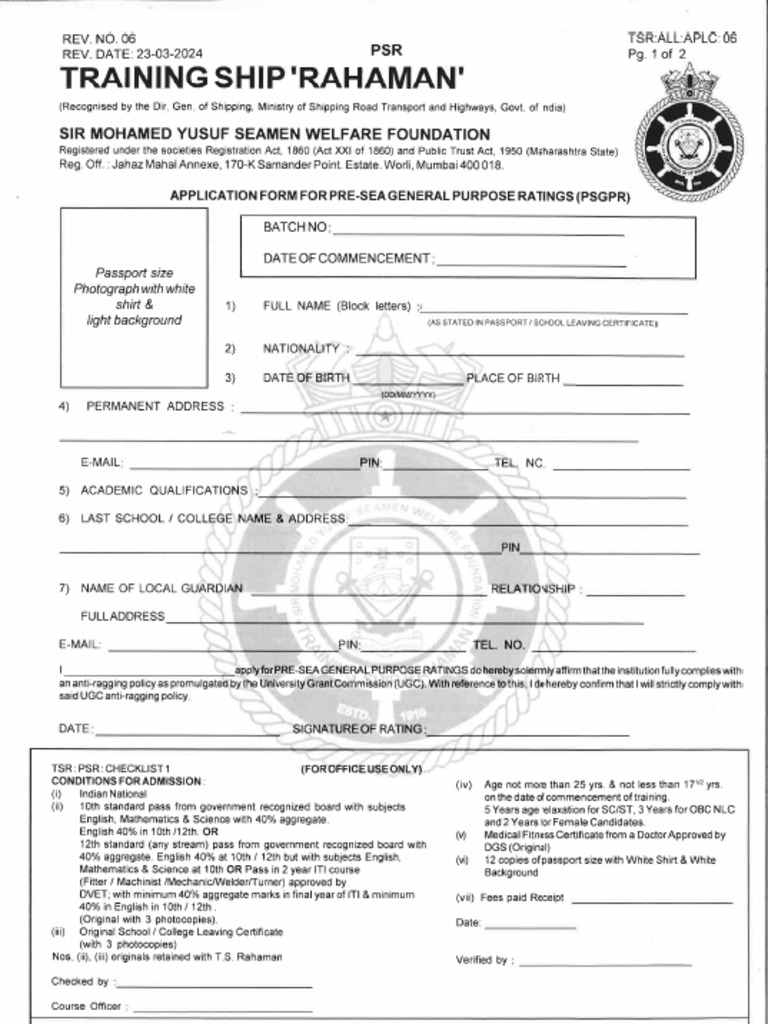 PRE SEA GP RATING Application Form REV 06 23 03 2024 | PDF