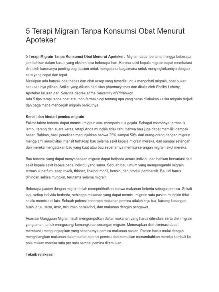 5 Terapi Migrain Tanpa Konsumsi Obat Menurut Apoteker | PDF