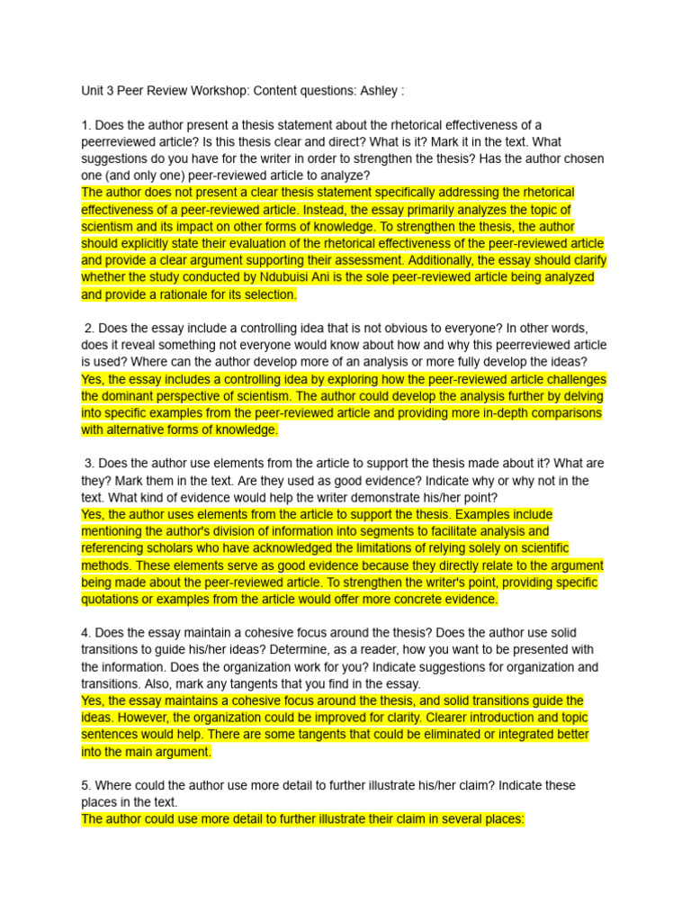 Peer Review Workshop: Thesis & Analysis | PDF | Essays | Argument