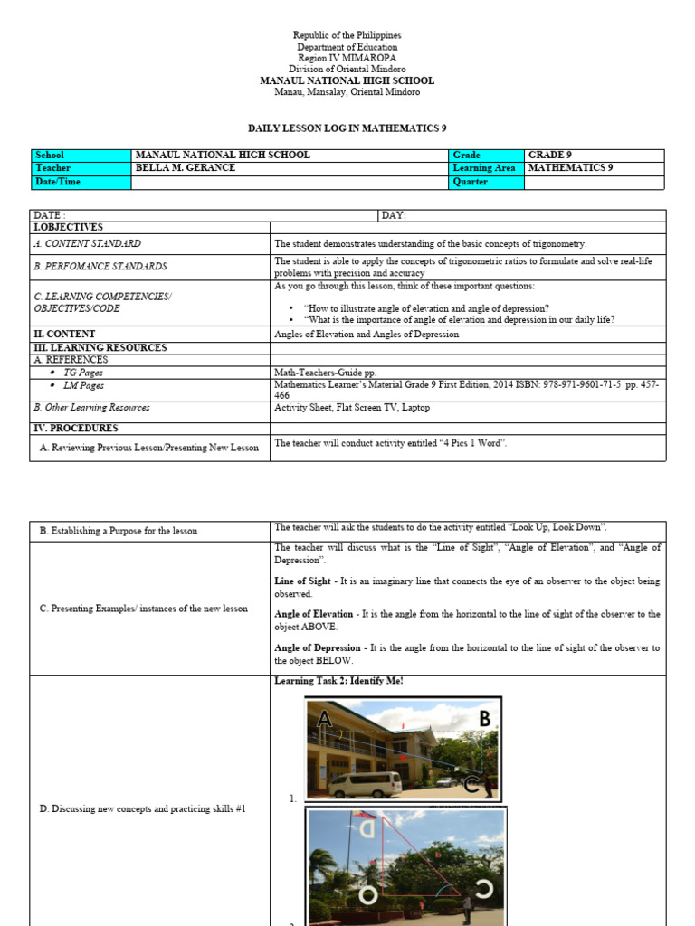 Trigonometry Lesson Plan For COT | PDF | Trigonometry | Learning