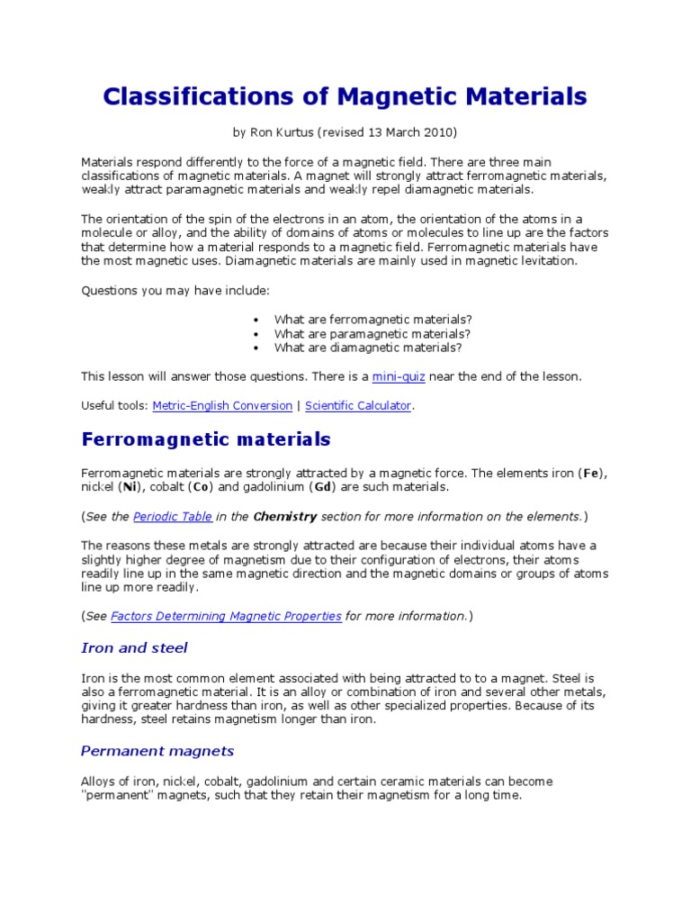 Classification of Magnetic Materials | PDF | Magnetism | Ferromagnetism
