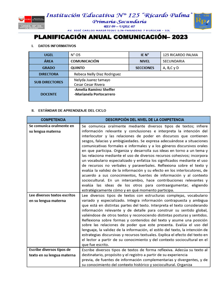 Planificación Anual Comunicación 5to | PDF | Evaluación | Aprendizaje