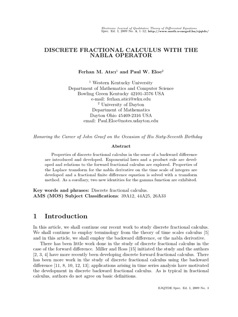 Discrete Fractional Calculus Whith The Nabla Operator Pdf Finite Difference Calculus