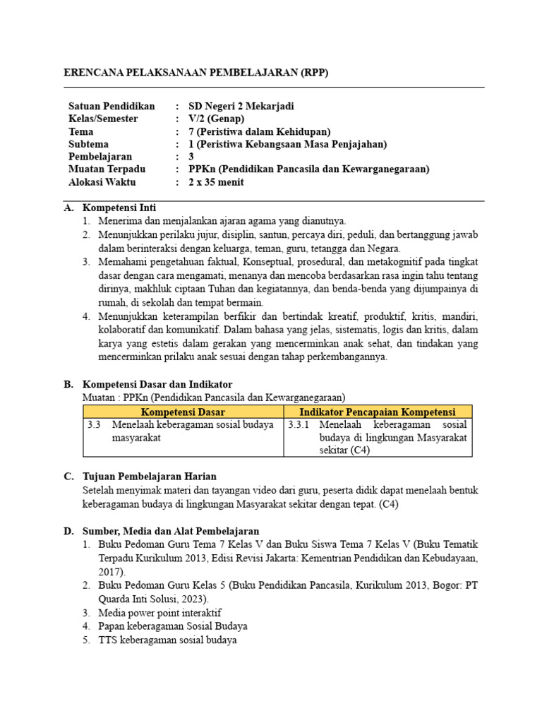 RPP Kelas 5 PPKN | PDF