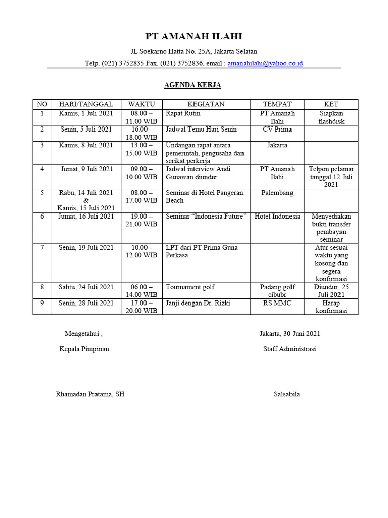 Agenda Kerja Caca | PDF