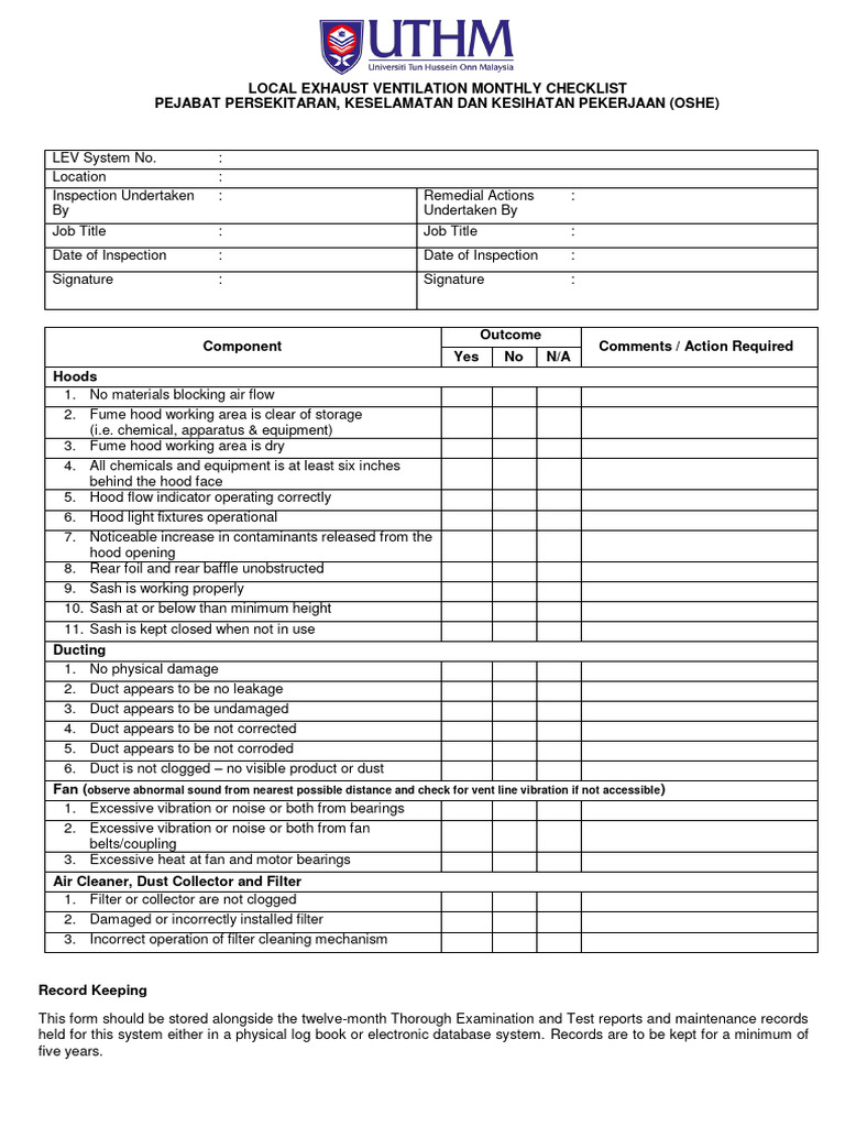 LEV Checklist V2 | Download Free PDF | Duct (Flow)