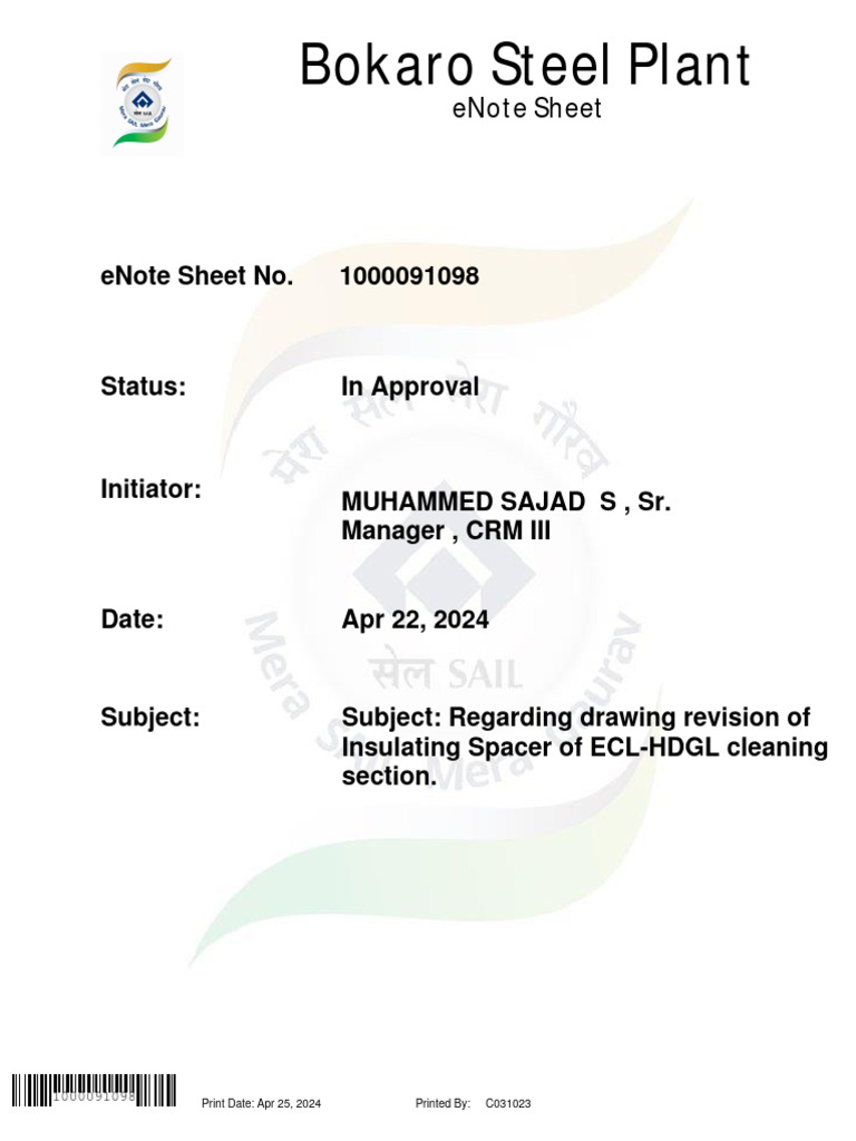 Bokaro Steel Plant: Enote Sheet | PDF