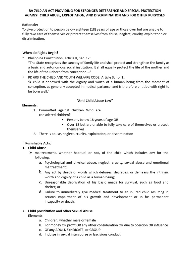RA 7610: Child Protection Law Overview | PDF | Child Abuse ...