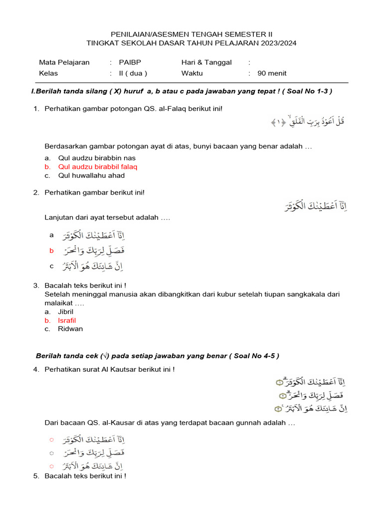 Lembar Soal Contoh, Wajib Paibp Kelas 2 | PDF
