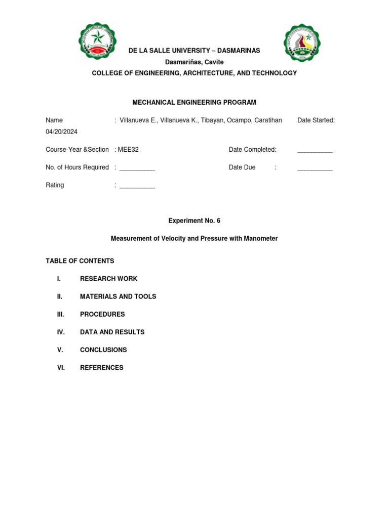 Experiment Velocity Pressure Measurement Pdf Pressure Pressure