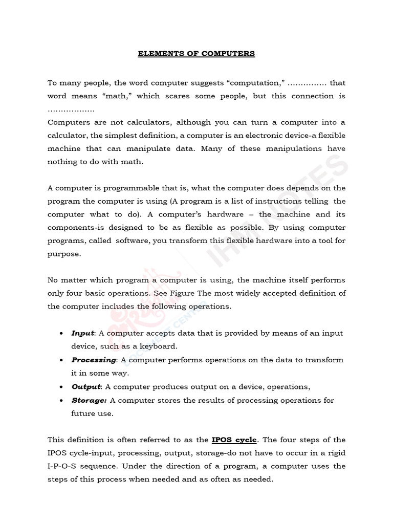 4ELEMENTS OF COMPUTERS | PDF | Computer Hardware | Input/Output