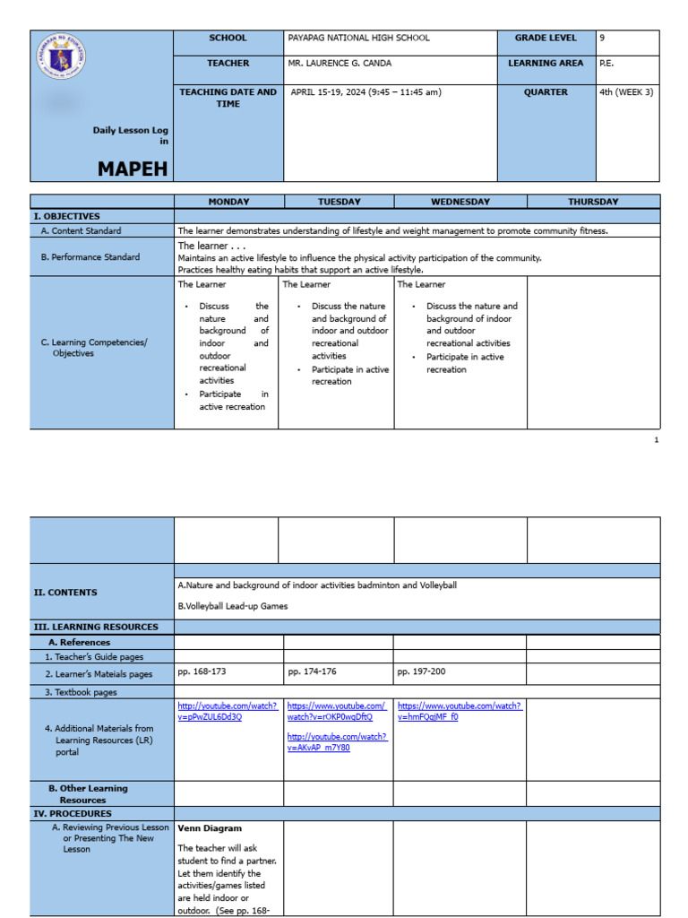 Mapeh 9 Week 3 | PDF | Learning | Teachers