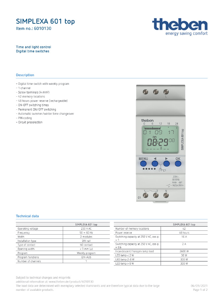 Theben SIMPLEXA 601 top Data Sheet _ Manualzz | PDF
