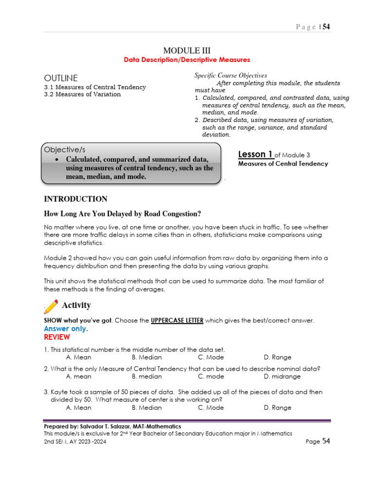 MODULE 3 For 2nd Year BSEd-Mathematics Second Sem AY 2023 - 2024 | PDF | Statistics | Mean