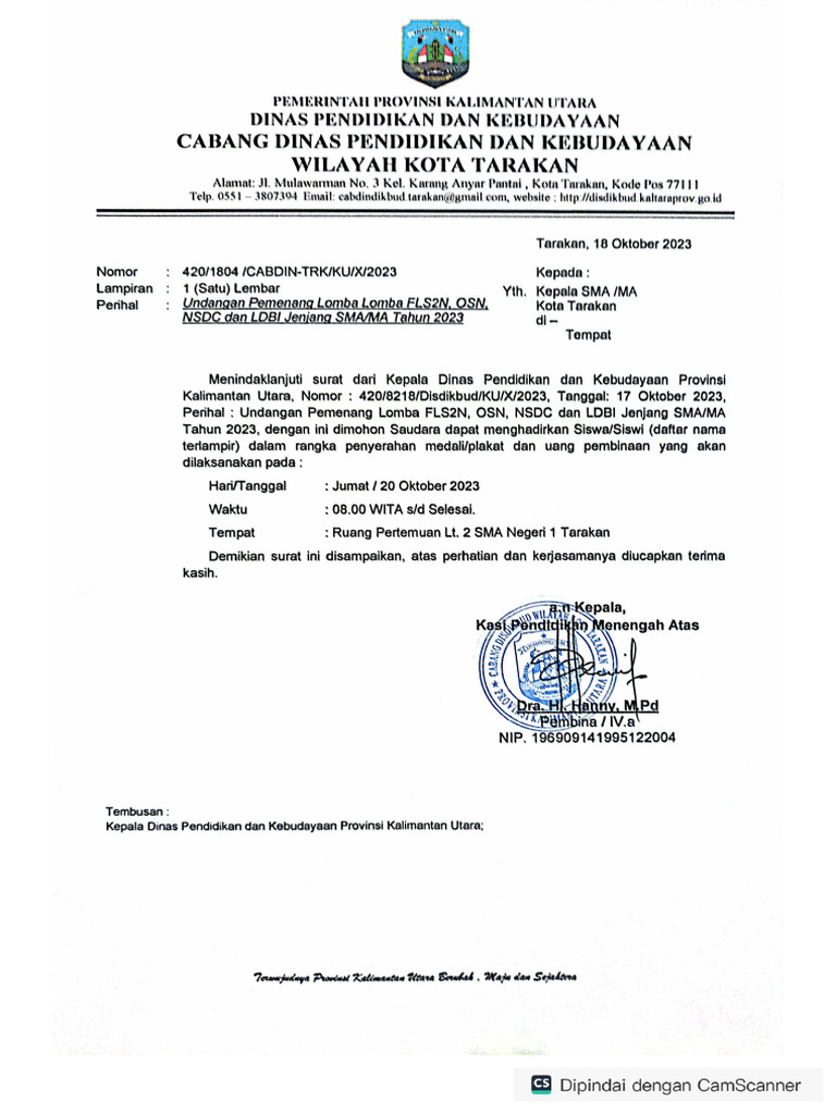 1804 - Undangan Pemenang Lomba OSN, FLS2N, NSDC Dan LDBI | PDF