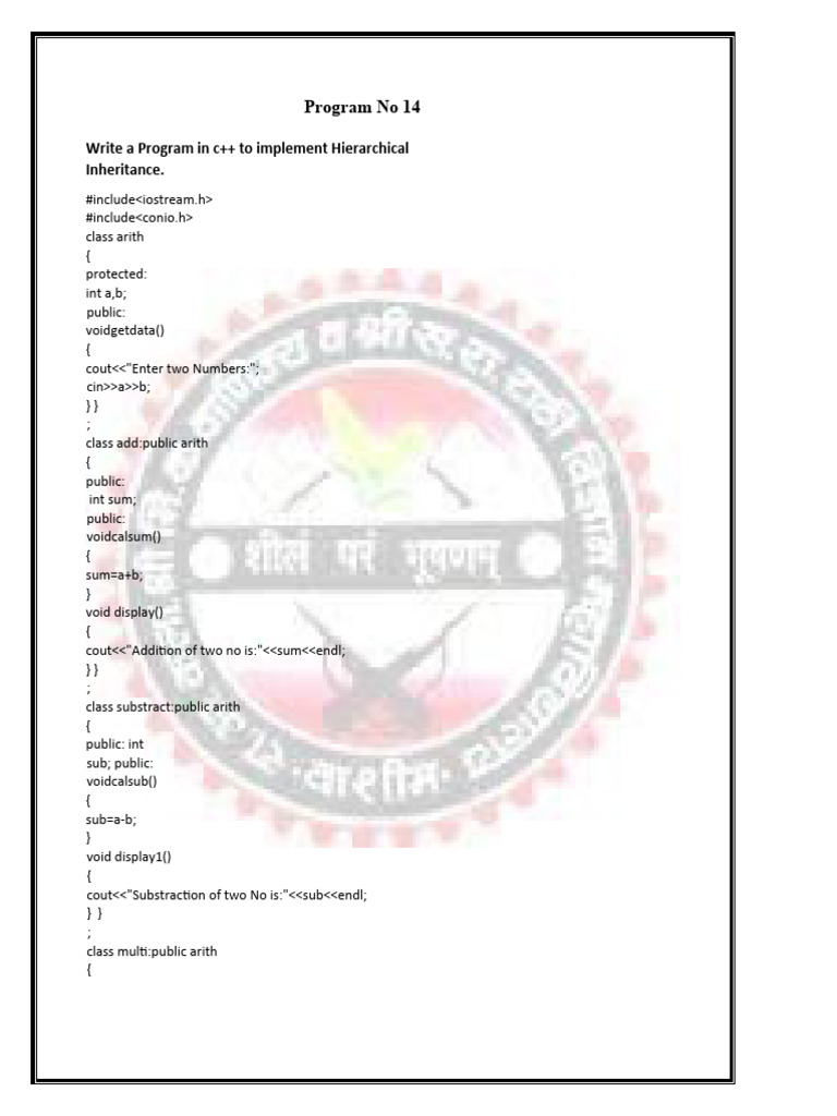 Program No 14: Write A Program in C++ To Implement Hierarchical Inheritance | PDF | Computers ...