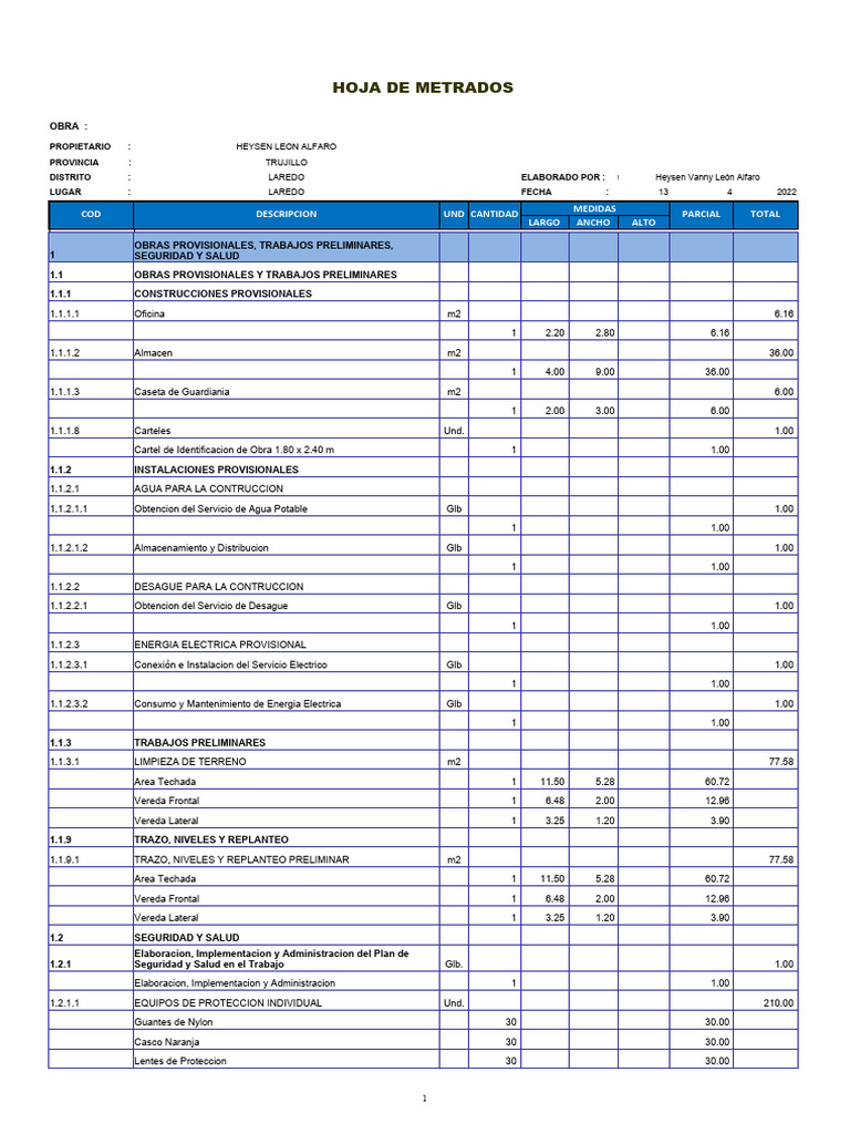 Hoja de Metrados - Ulinex | PDF | Ingeniero civil | Ingeniería de Edificación