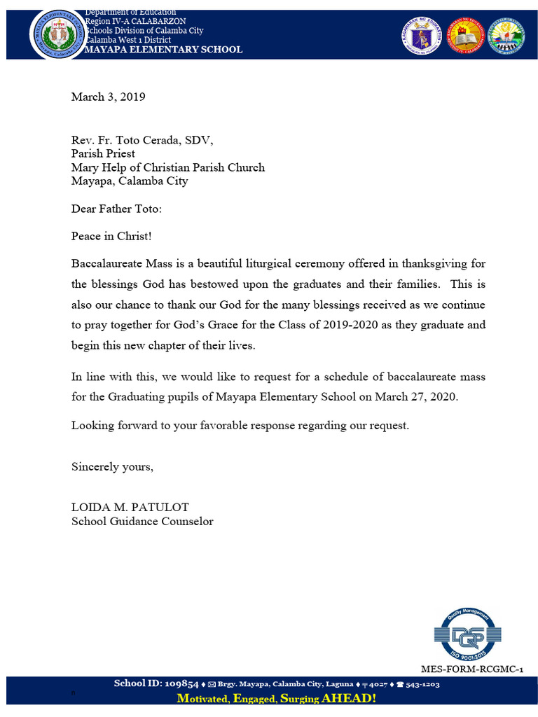 request letter for bacc mass | PDF