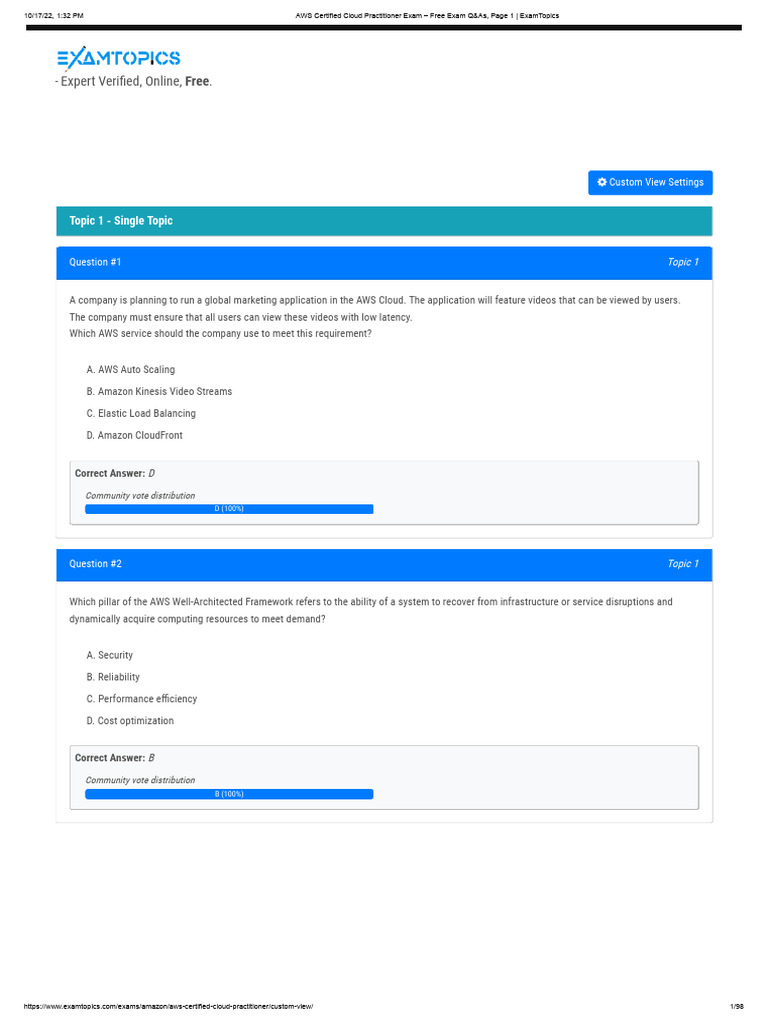 AWS Certified Cloud Practitioner Exam - Free Exam Q&As, Page 1 - ExamTopics | PDF | Amazon Web ...
