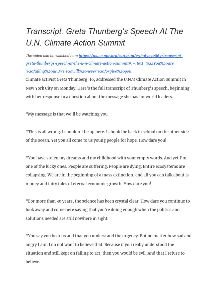 Transcript - Greta Thunberg's Speech at The U | PDF | Environmental ...